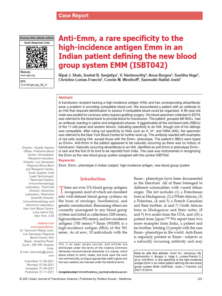 Anti-Emm, A Rare Specificity To The High-Incidence Antigen Emm in An Indian Patient Defining The ...