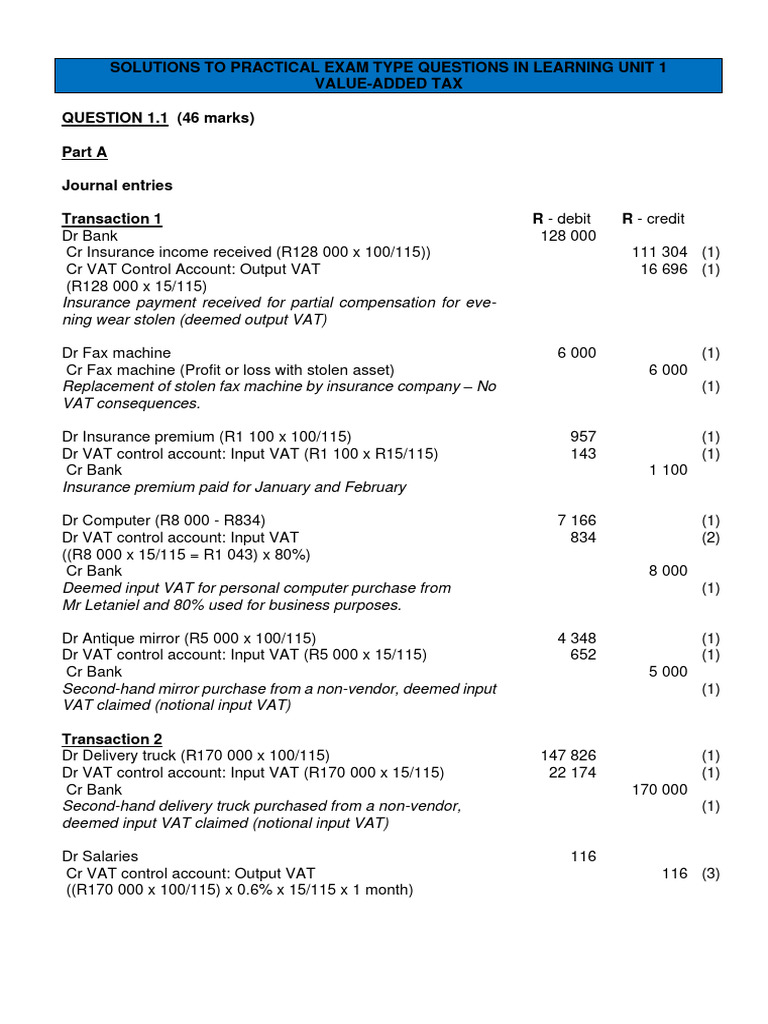 VAT Exam Solutions for Learning Unit 1 | PDF | Value Added Tax | Debits ...