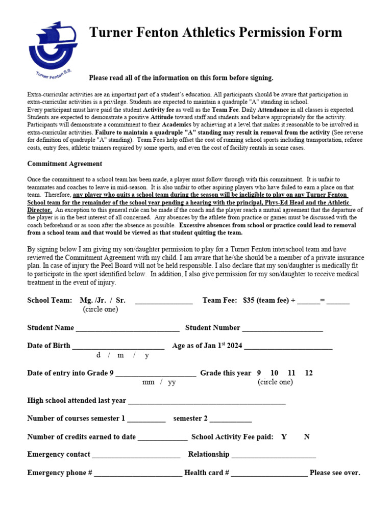 Turner Fenton Athletic Permission Form | PDF | Teachers