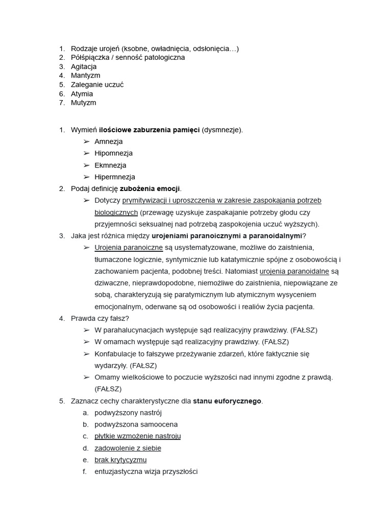 Psychopatologia Kolos 1 | PDF