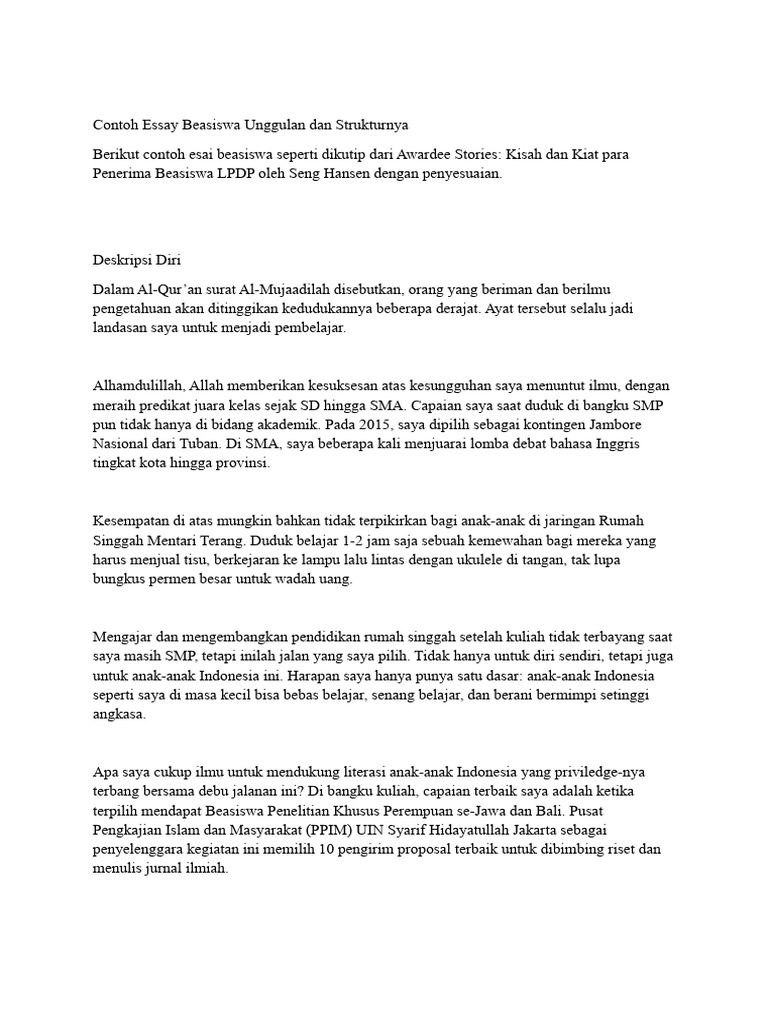 Contoh Essay Beasiswa Unggulan Dan Strukturnya | PDF