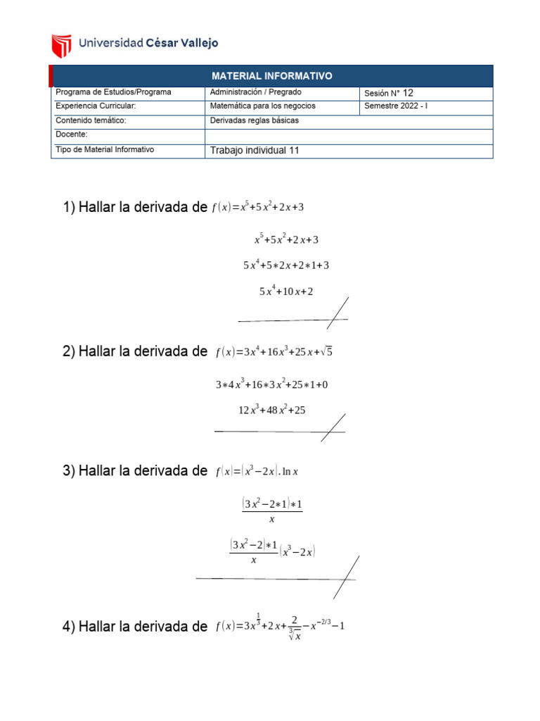 Trabajo Individual de Derivadas. Tarea de Matematica.semana 12 | PDF