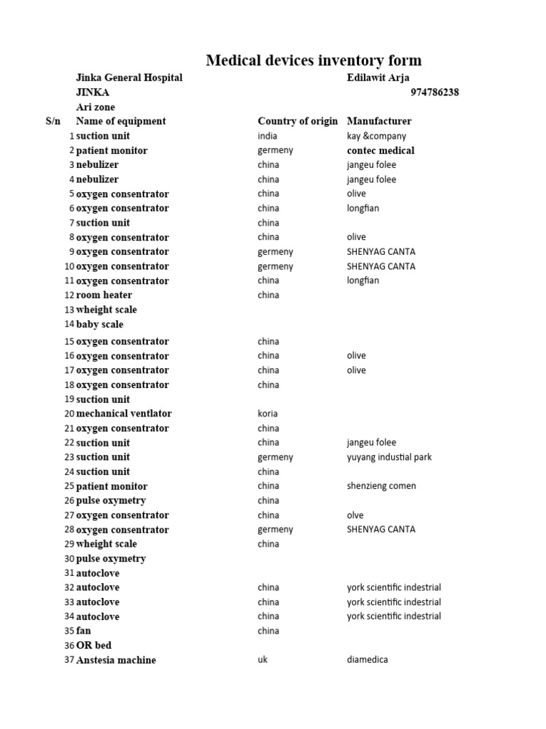 Hospital Equipment Inventory | PDF | Medical Equipment | Medicine