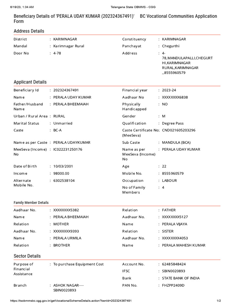 Telangana State OBMMS - CGG | PDF