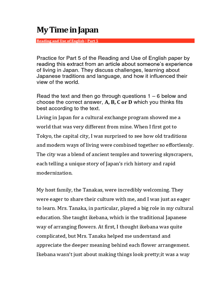 My Time in Japan PRACTICE 1 Reading | PDF | Ikebana | Experience