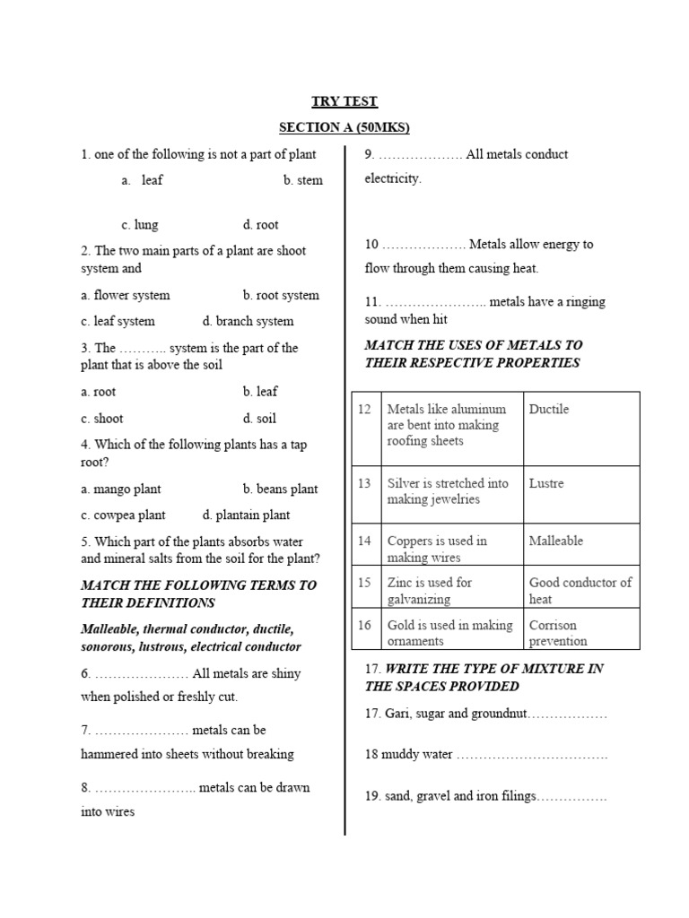 Try Test Section A (50Mks) : Match The Uses of Metals To Their ...