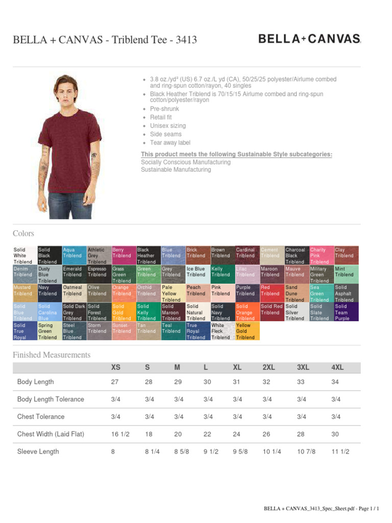 Bella Canvas 3413 Specs & Colors | PDF | Color | Artistic Techniques