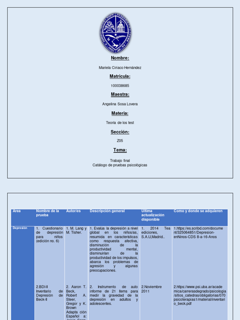 Trabajo Final Catalogo de Pruebas Psicologicas | Descargar gratis PDF | Escala de inteligencia ...