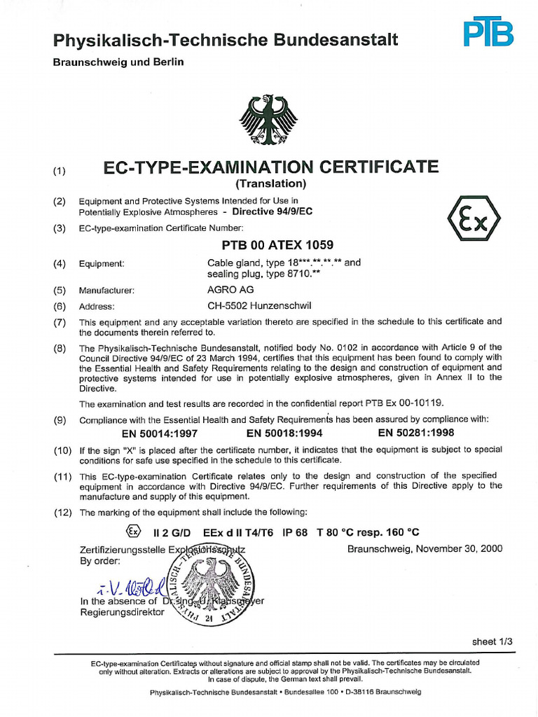 PTB 00 Atex 1059 | PDF
