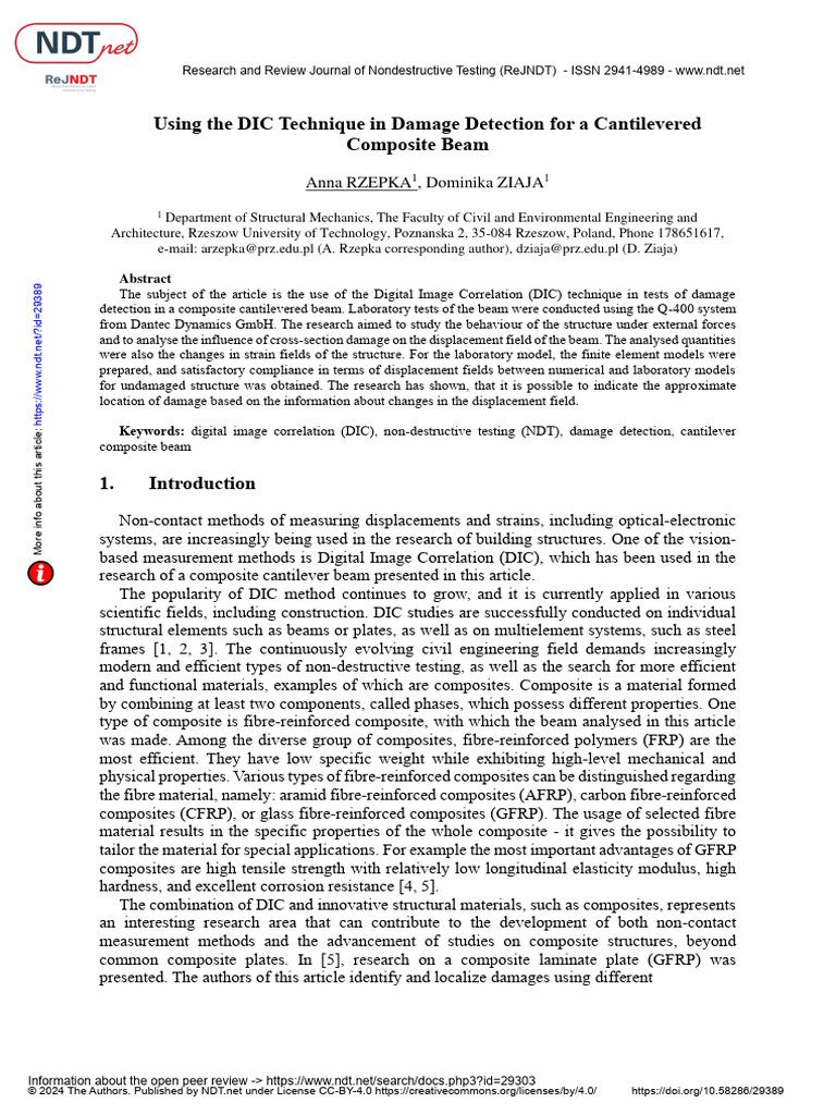 Using_the_DIC_Technique_in_Damage_Detection_for_a_Cantilevered_Composite_Beam | PDF | Composite ...
