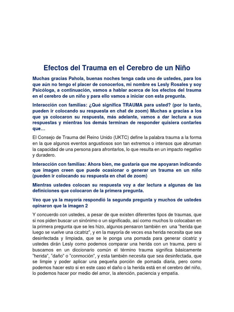 Efectos Del Trauma en El NNA | PDF | Trauma psicólogico | Las emociones