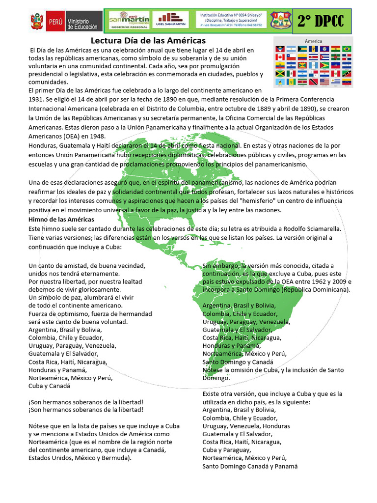 S2 U1 EST APRENDO A lectura Dia de las Americas 2° 8 a l12-04 | PDF
