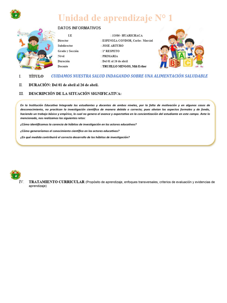 Unidad de Aprendizaje #1 Primer Grado Huarichaca | PDF | Aprendizaje | Comunicación no verbal