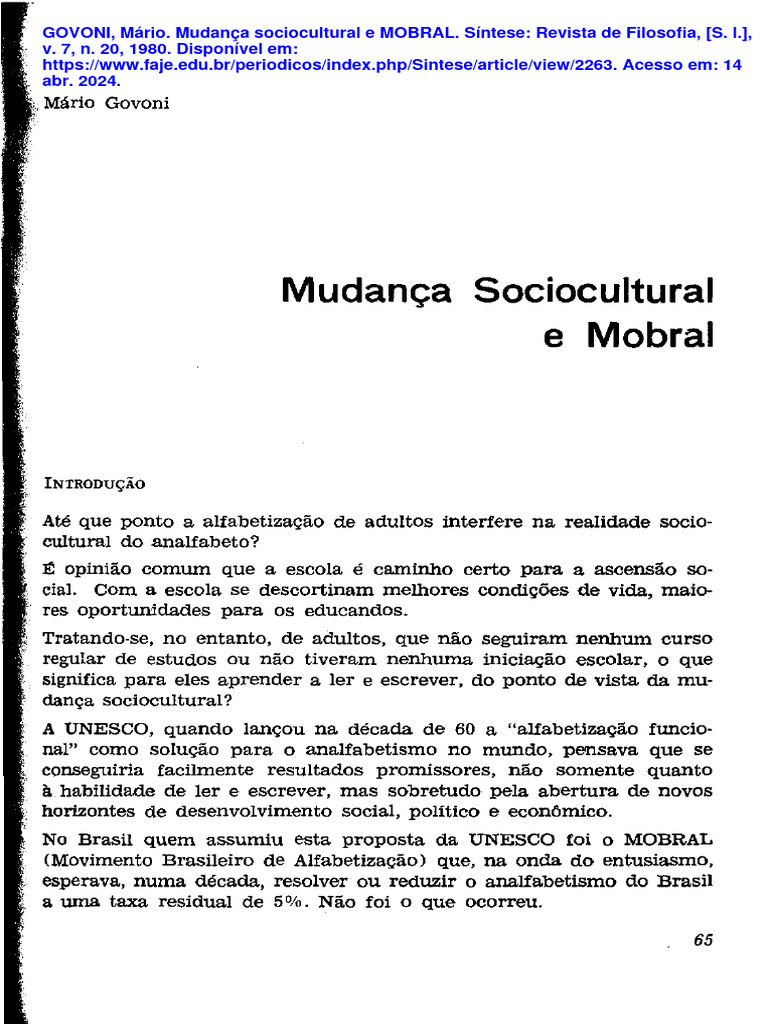 Mudança Sociocultural e Mobral - (M. Govoni) | PDF | Alfabetização ...