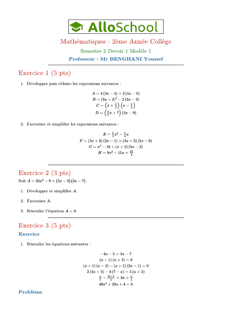 Math 2ac Semestre 2 Devoir 1 Modele 1 1 | PDF