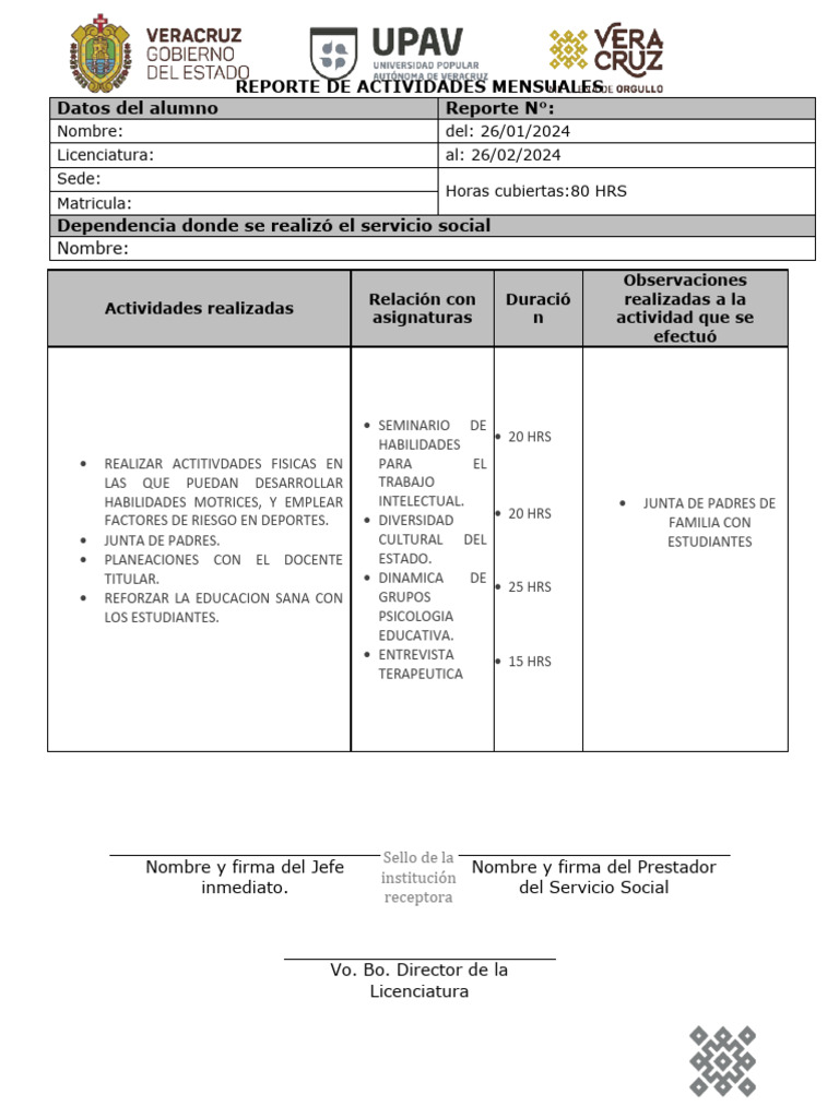 Reporte Mensual de Actividades de Servicio Social | PDF