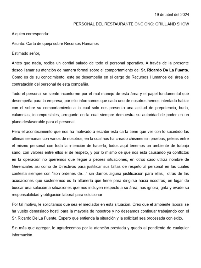 Carta de Queja | PDF