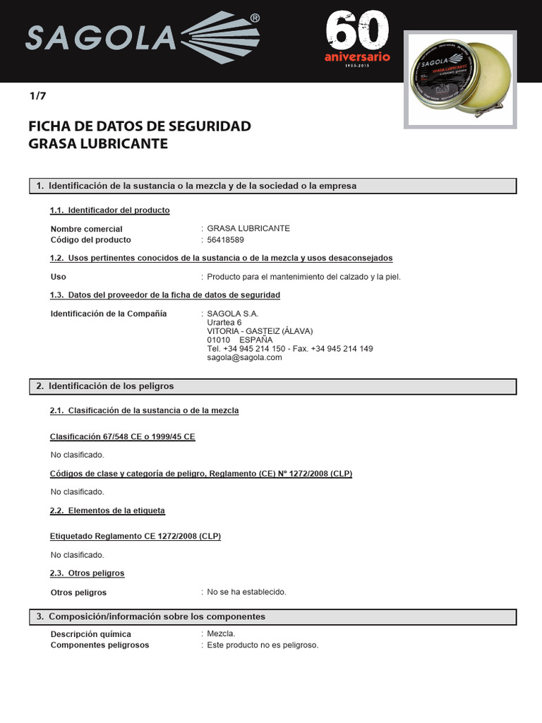 Ficha Seguridad Grasa Lubricante | PDF | Agua | Toxicidad