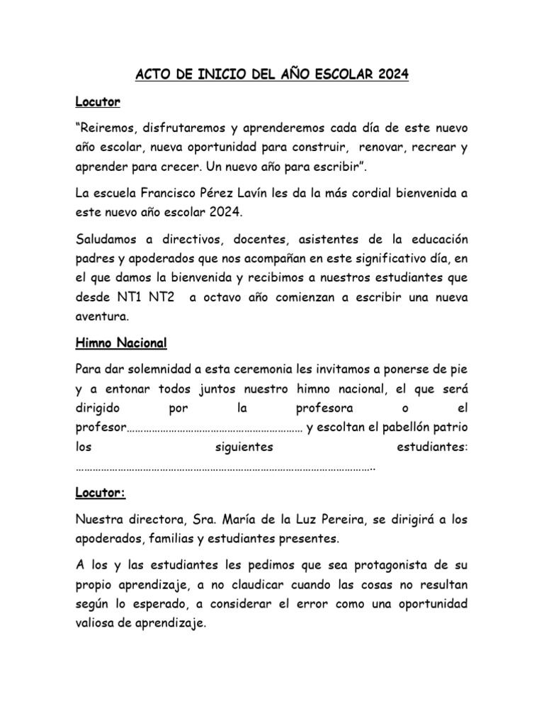 Acto de Inicio Del Año Escolar 2024 | Descargar gratis PDF | Maestros ...
