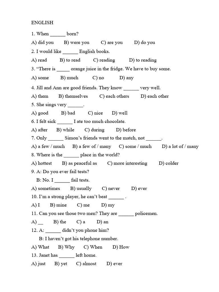 Elementary English Test | PDF