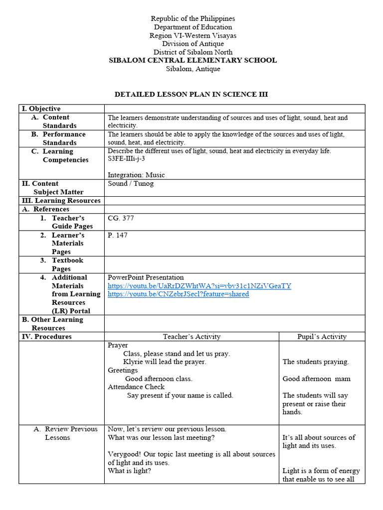 LESSON PLAN Grade 3 - TUNOG SCIENCE - 025133 | PDF | Sound | Learning