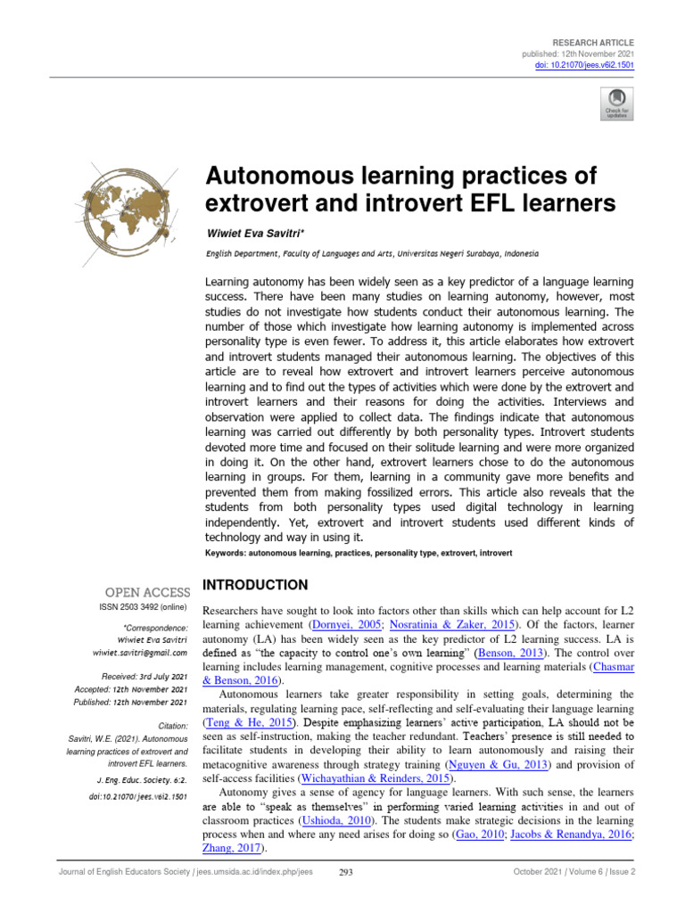 1501-Article Text-10339-1-10-20211115 | PDF | Extraversion And Introversion | Learning