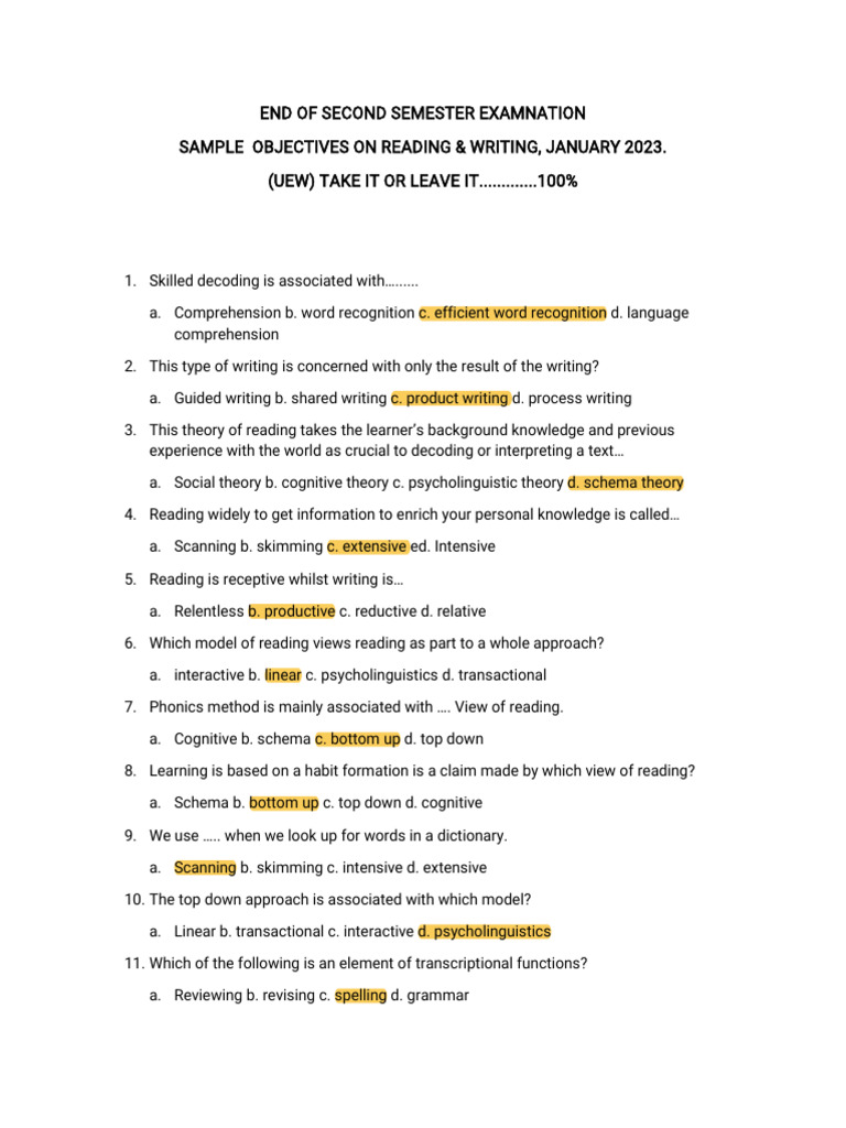 Sample Ques On Reading and Writing | PDF | Reading Comprehension | Psycholinguistics