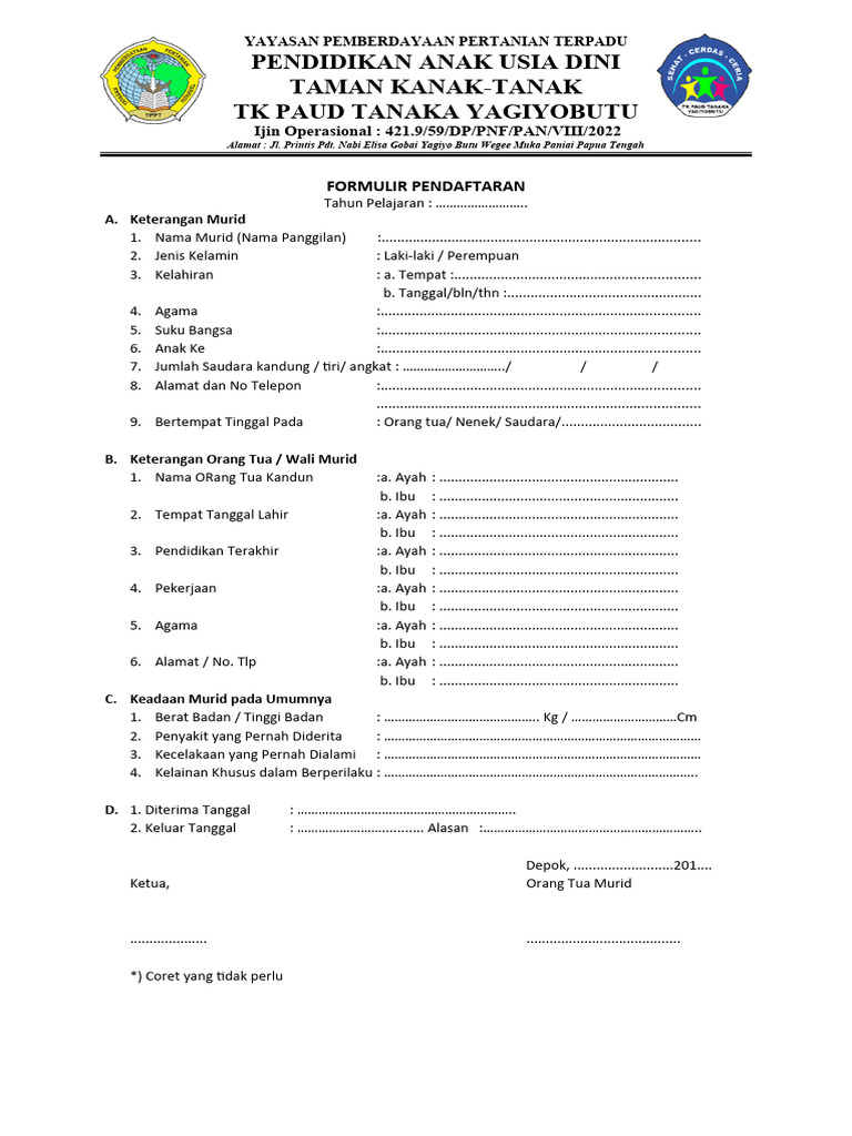 Formulir Pendaftaran Paud | PDF