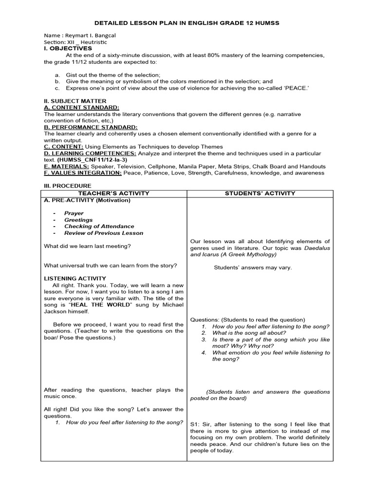 Detailed Lesson Plan in English Grade 12 | PDF