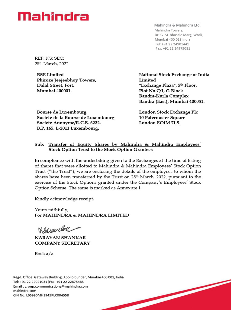 Mahindra Employee Stock Options Transfer | PDF | Stock Exchange ...