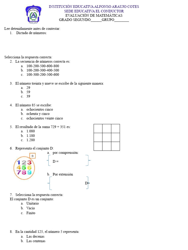 Evaluación de Mátematicas Segundo Grado - Primer Periodo | PDF ...