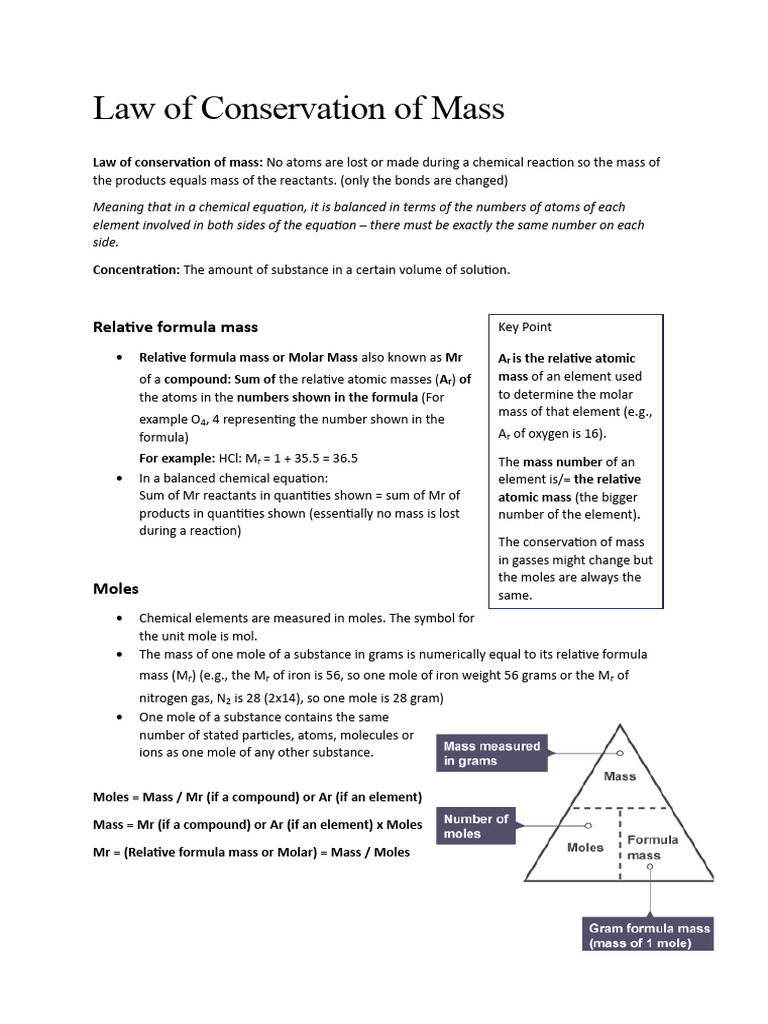 Conservation of Mass in Chemical Reactions | PDF | Mole (Unit ...
