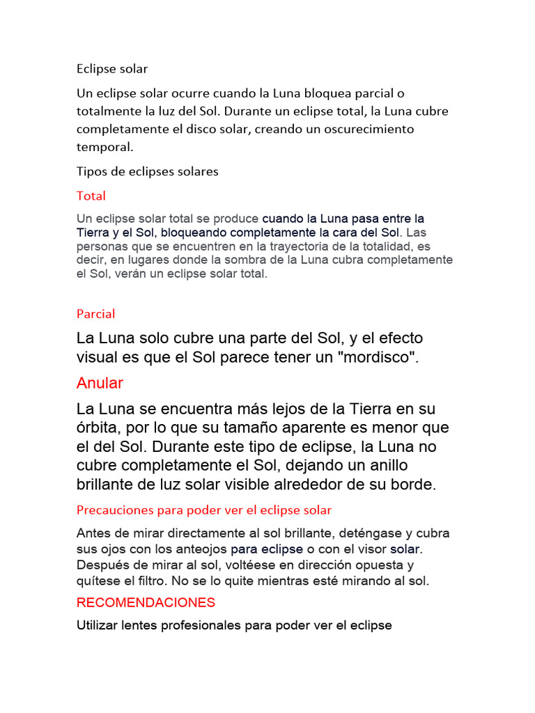 Tipos y Precauciones del Eclipse Solar | PDF