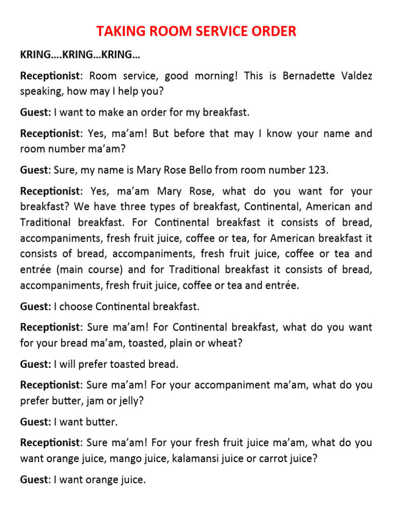 Taking Room Service Order | PDF | Waiting Staff | Cuisine