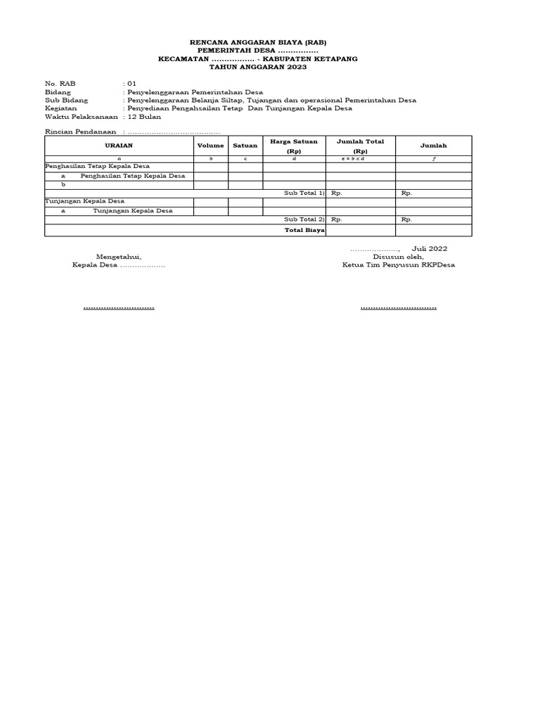 Format Rencana Anggaran Dan Biaya (RAB) | PDF