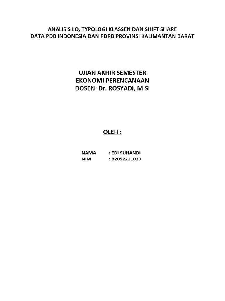 Analisis LQ, Typologi Klassen DN Shift Share Kabupaten Sambas (Kelompok ...