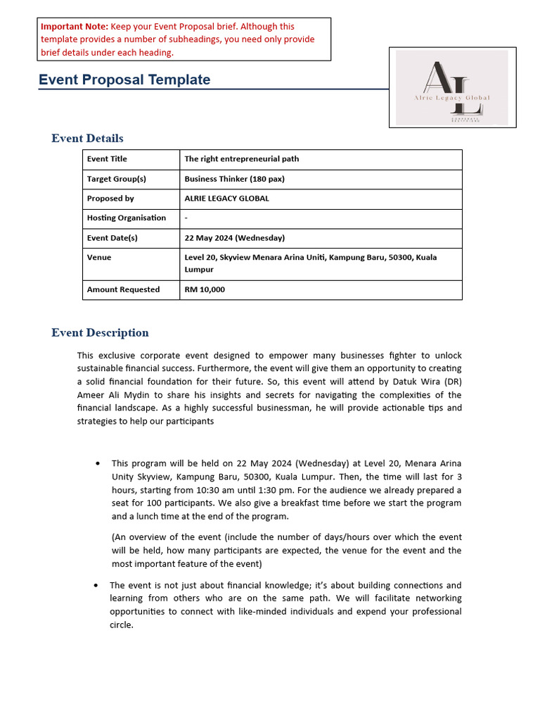 Entrepreneurial Path Event Proposal | PDF | Expense