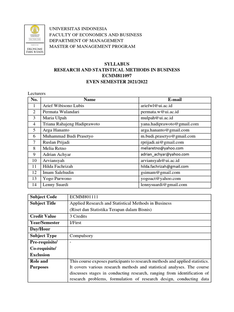 Syllabus Research and Statistical Methods in Business ECMM811097 EVEN ...