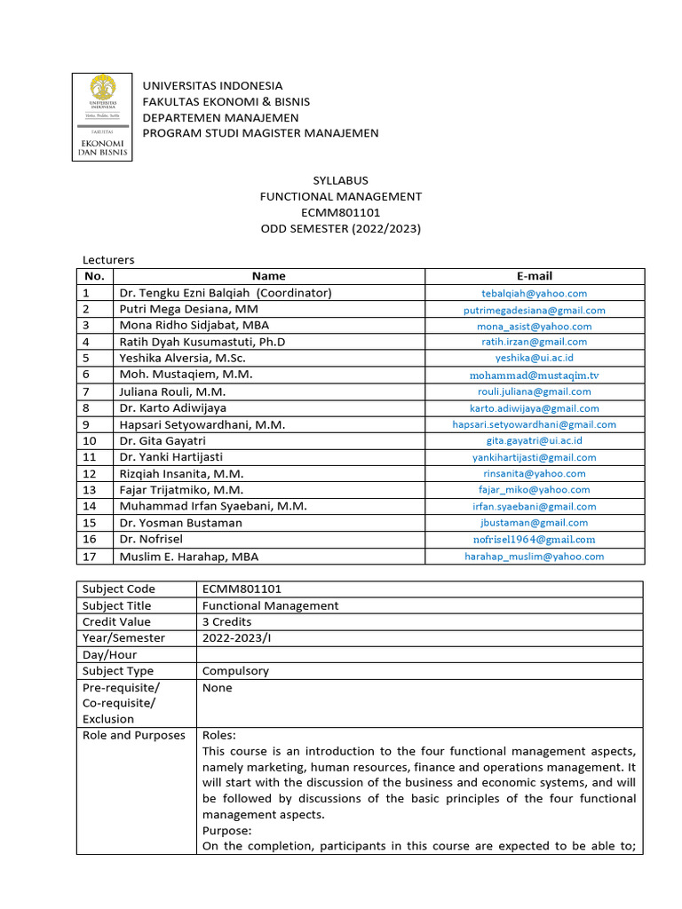 Syllabus Functional Management - ODD 2022-2023 - FINAL | PDF | Critical Thinking | Plagiarism