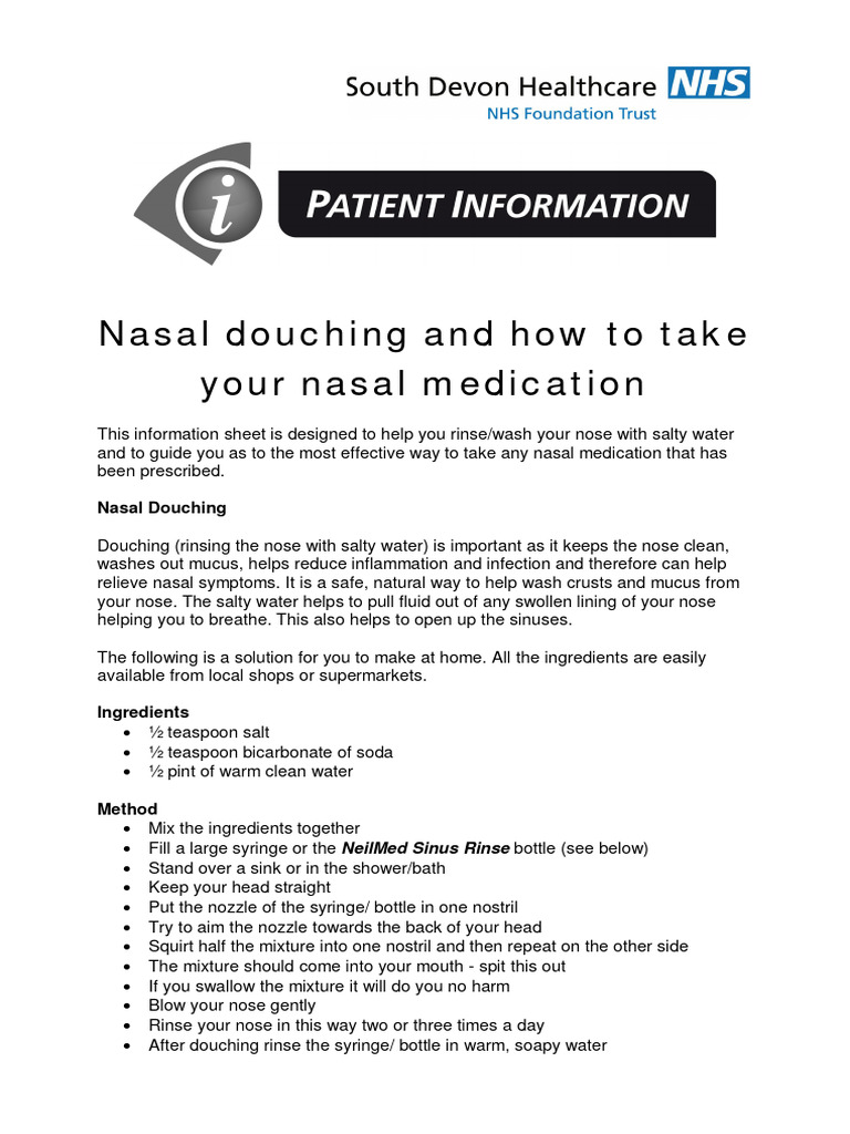 Nasal Douching & Medication Guide | PDF | Human Nose | Mucus