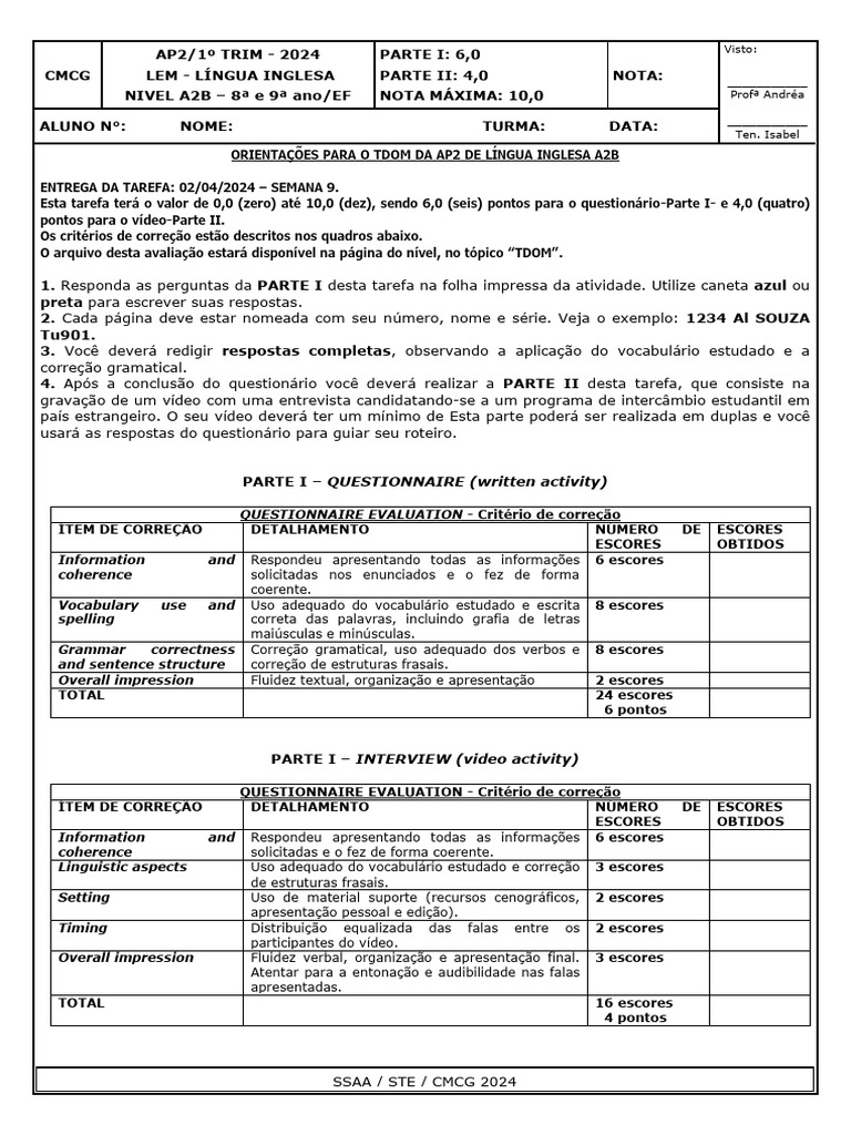Ap2 Lem A2b 1º Trim 2024 | PDF | Linguística | Escrita