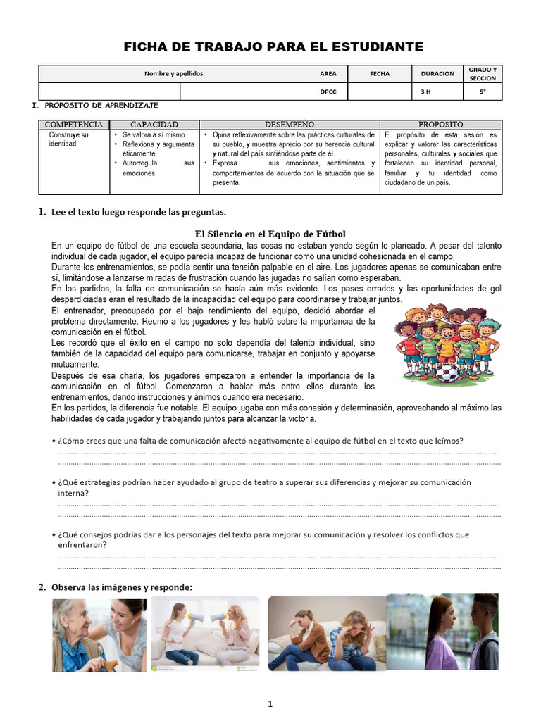 Unidad 1 - Ficha - Sem 2 - DPCC 5° | PDF | Comunicación | Las emociones