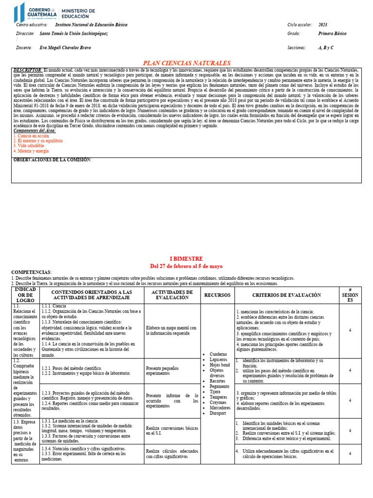 Plan de Ciencias Naturales Primero Básico | PDF | Biología Celular ...
