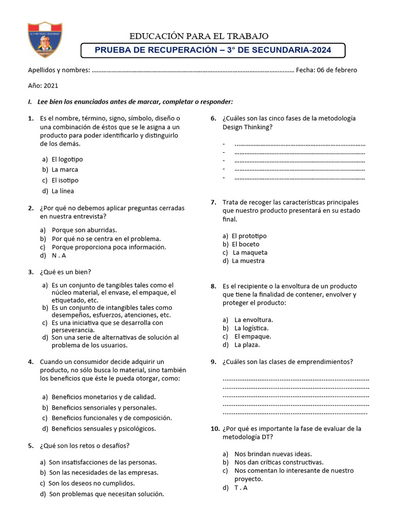 Cuestionario de Educación para el Trabajo | PDF