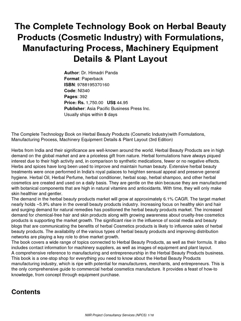 Niir Complete Technology Book On Herbal Beauty Products Cosmetic ...