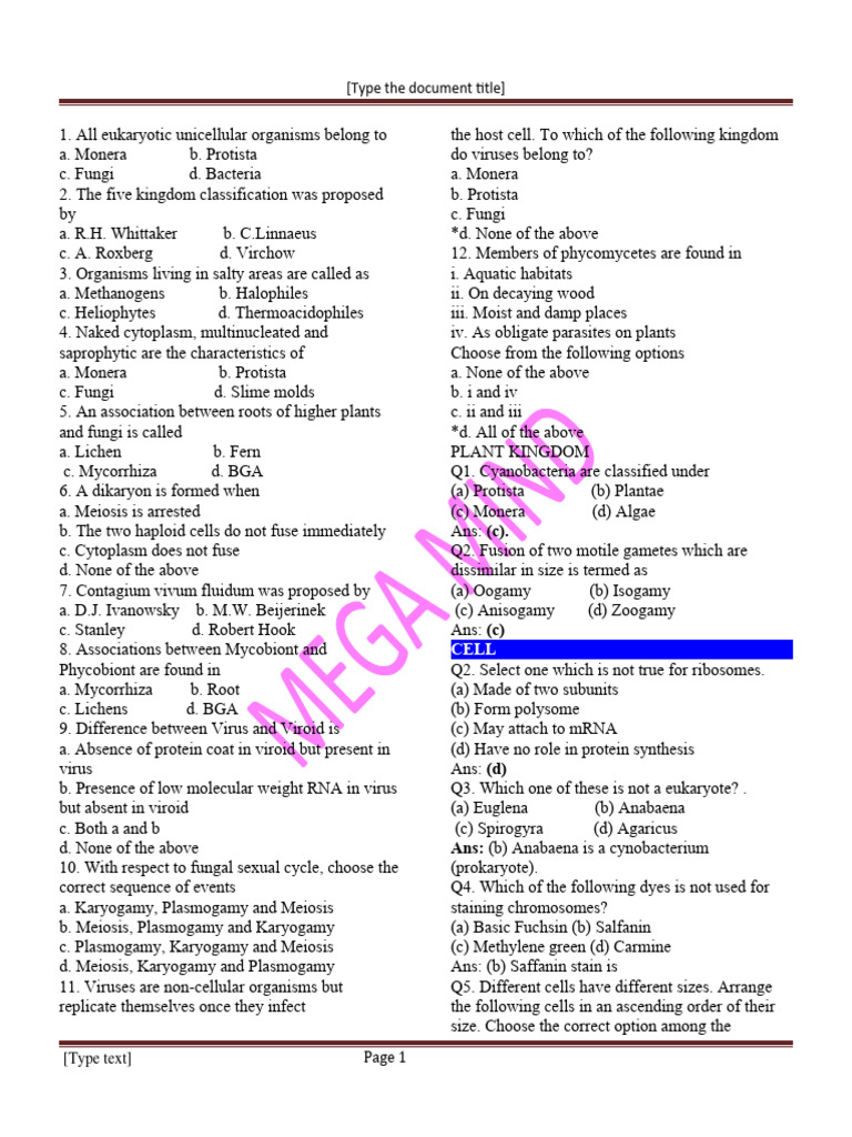 Biological Classification Question | Download Free PDF | Cell (Biology) | Fungus
