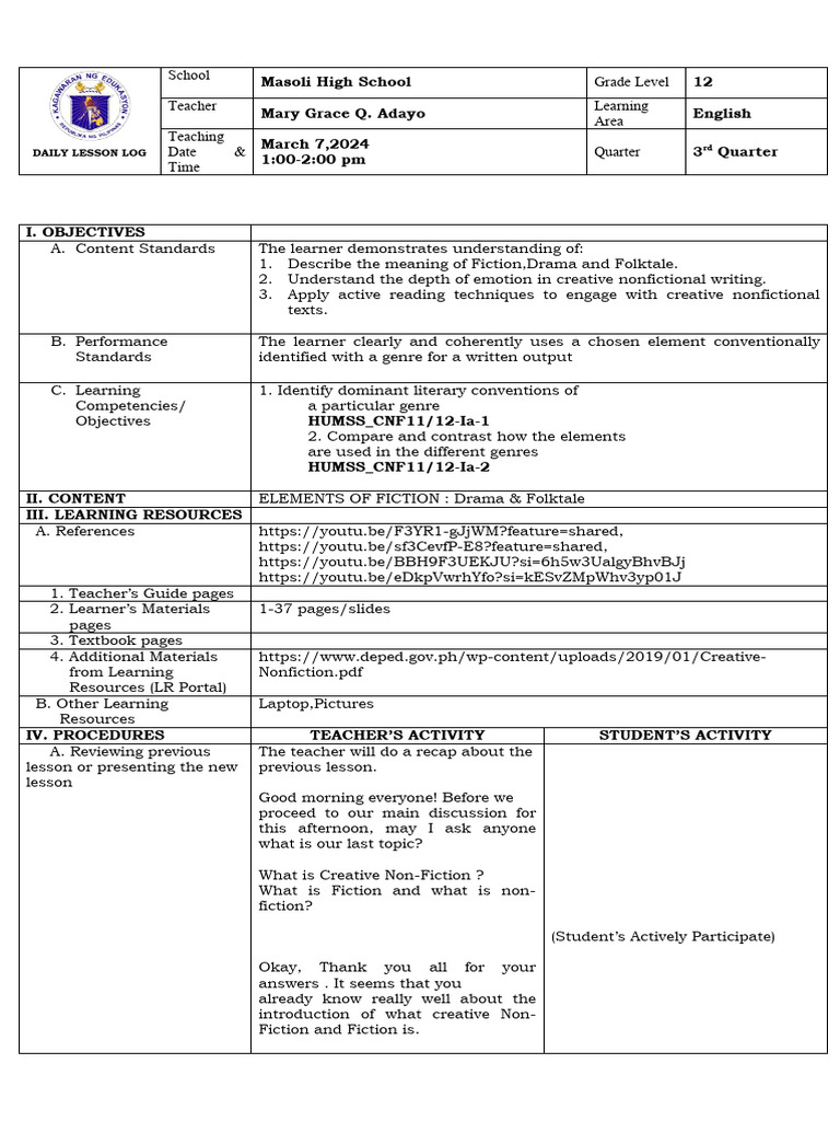 1st Topic ELEMENTS OF FICTION Drama & Folktale | PDF | Plot (Narrative ...