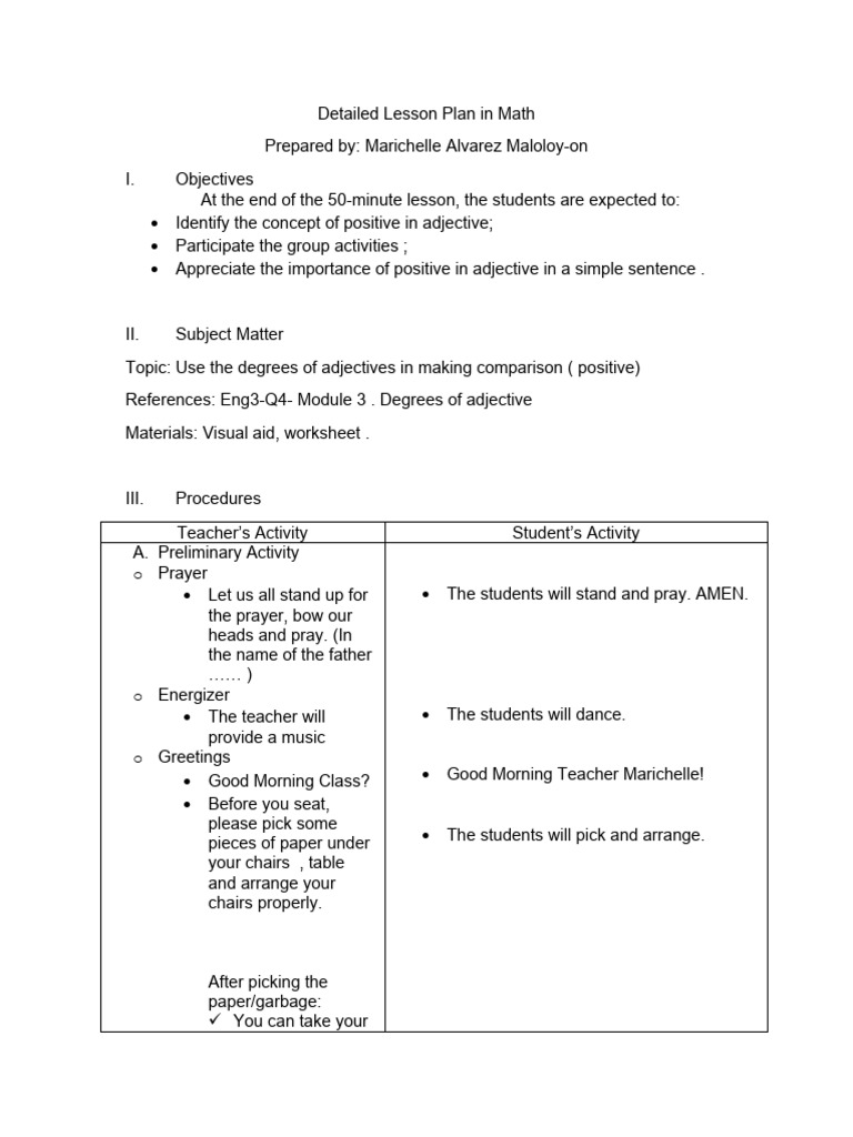 Marichelle-English 3-Detailed-Lesson-Plan-3 | PDF | Lesson Plan | Adjective