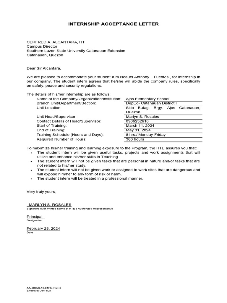 AA OSAS 12.01F5 Rev.0 Internship Acceptance Letter Company | PDF | Self ...