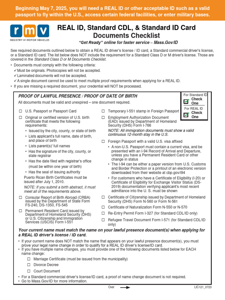 LIC121 - REAL ID and Standard CDL-ID Documentation Checklist - 0723 - 0 ...